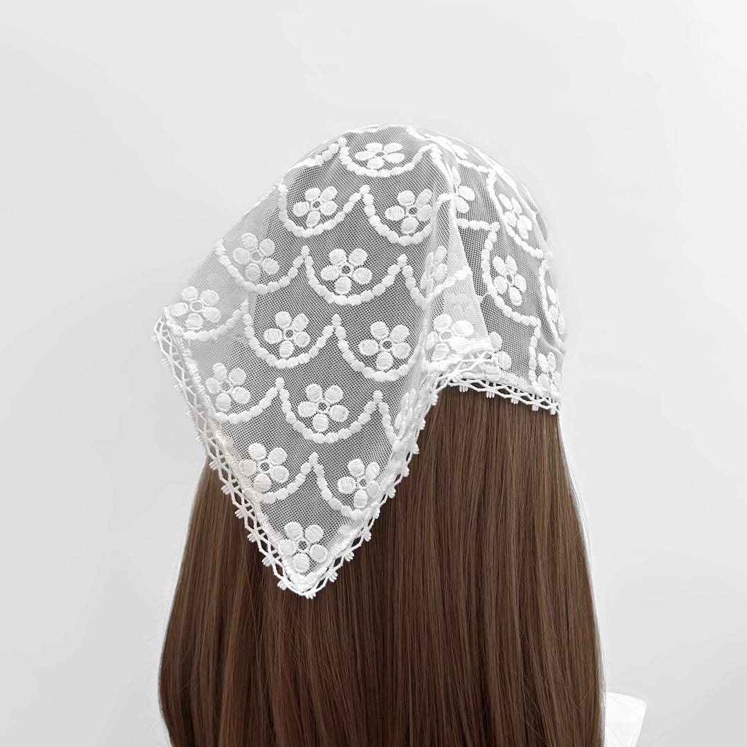 White Embroidered Floral Mesh Sheer Triangle Headband With Lace Trim ...