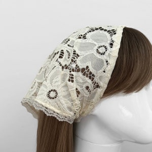 Cream Lace Sheer Triangle Headband With Lace Trim - Head Scarf, Elastic ...