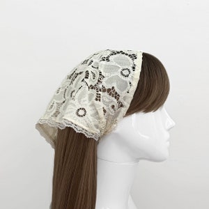 Cream Lace Sheer Triangle Headband With Lace Trim - Head Scarf, Elastic ...