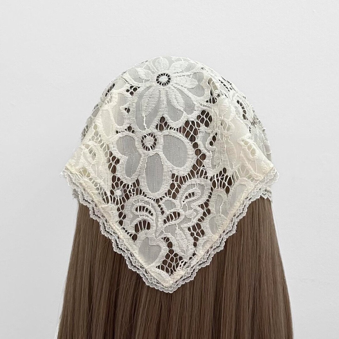 Cream Lace Sheer Triangle Headband With Lace Trim - Head Scarf, Elastic ...