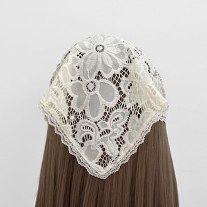 Cream Lace Sheer Triangle Headband With Lace Trim - Head Scarf, Elastic ...
