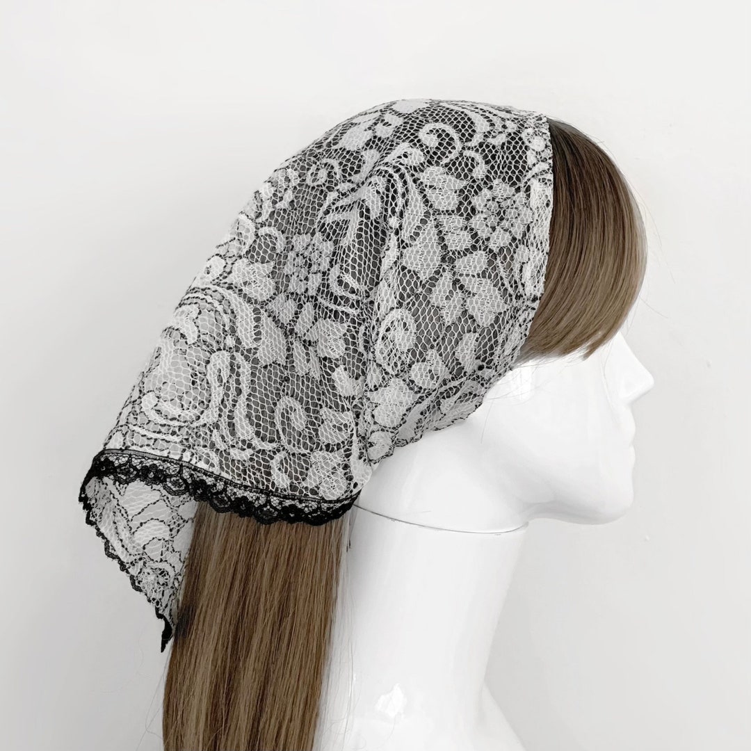 Black and White Lace Self Tie Triangle Head Scarf - Sheer Lightweight ...