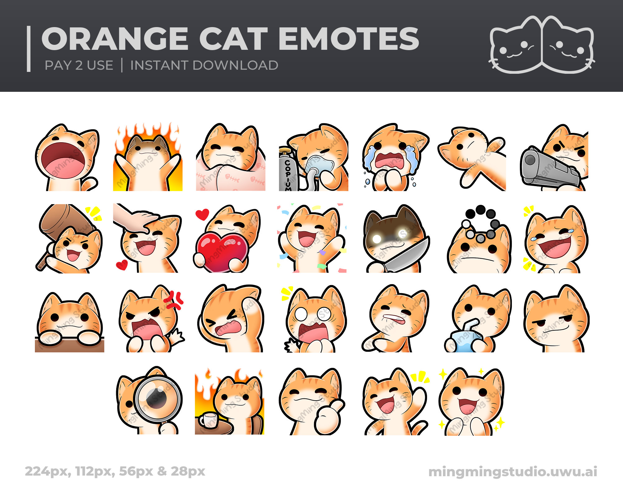Orange Cat Emotes 26 Cute Cat Emotes for Twitch And/or Discord CE00200 ...