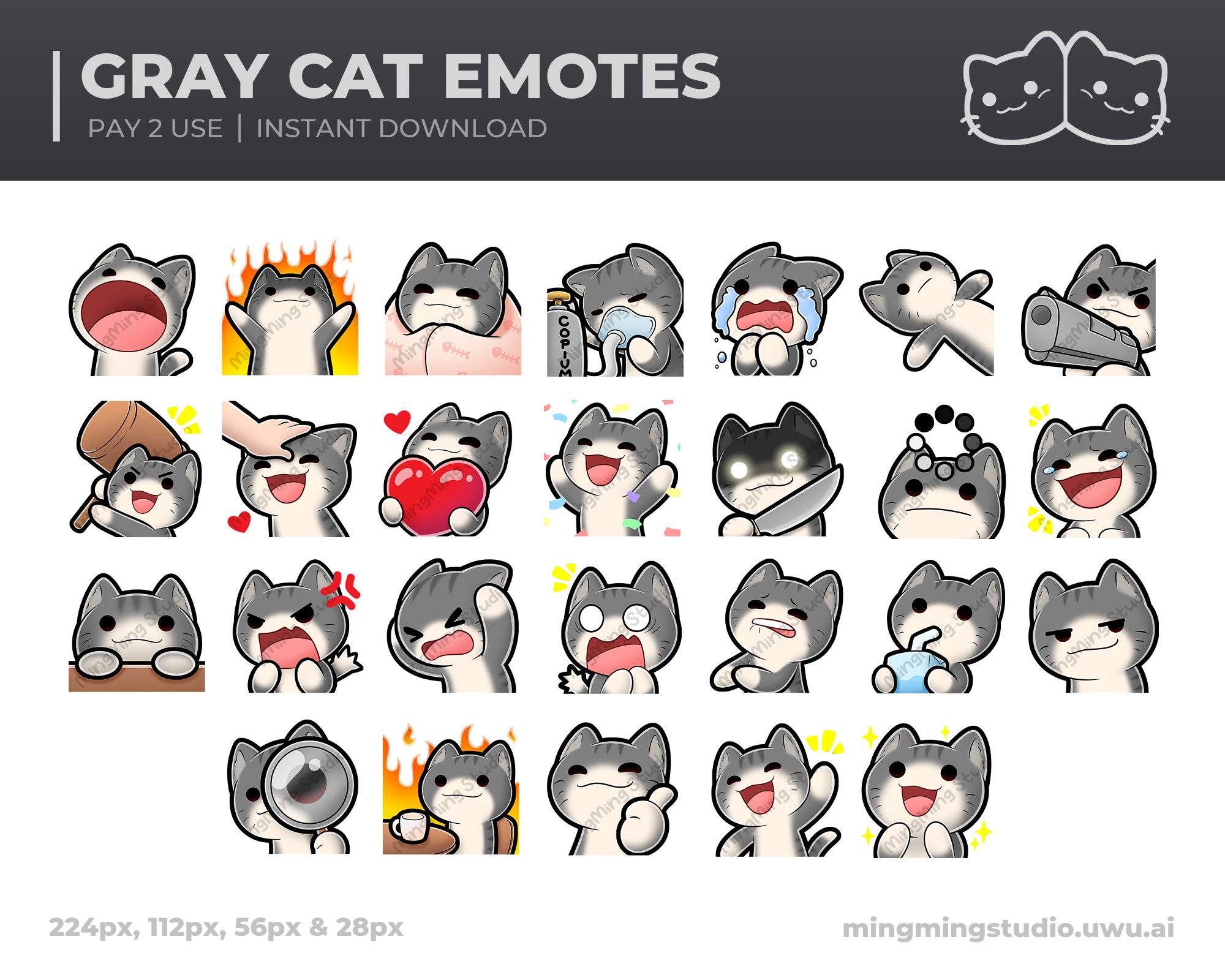 Gray Cat Emotes | 26 Twitch or Discord Emotes | Digital Download - Etsy