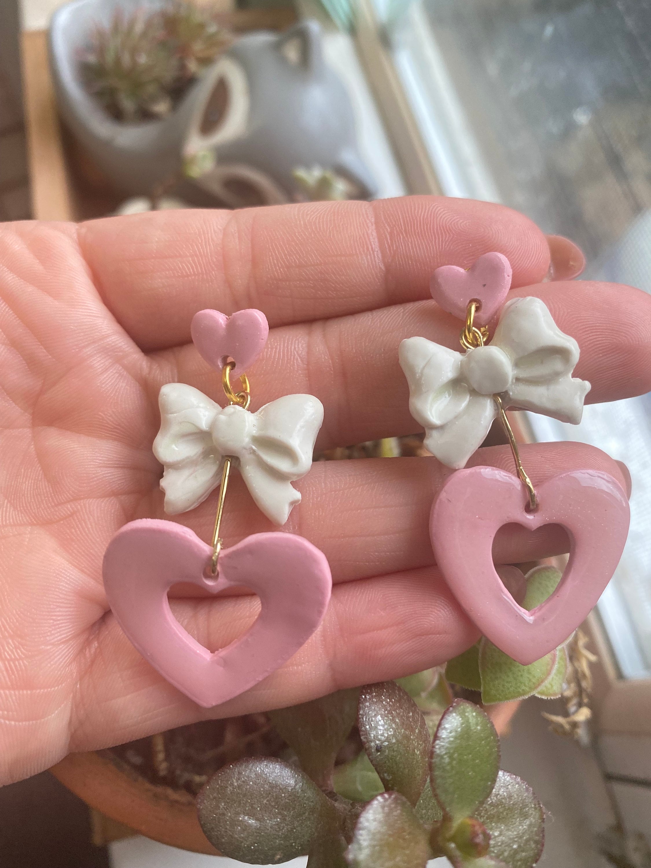 Coquette Pink Heart and Bow Stud Dangles Cutesy Core Heart Core Bow ...