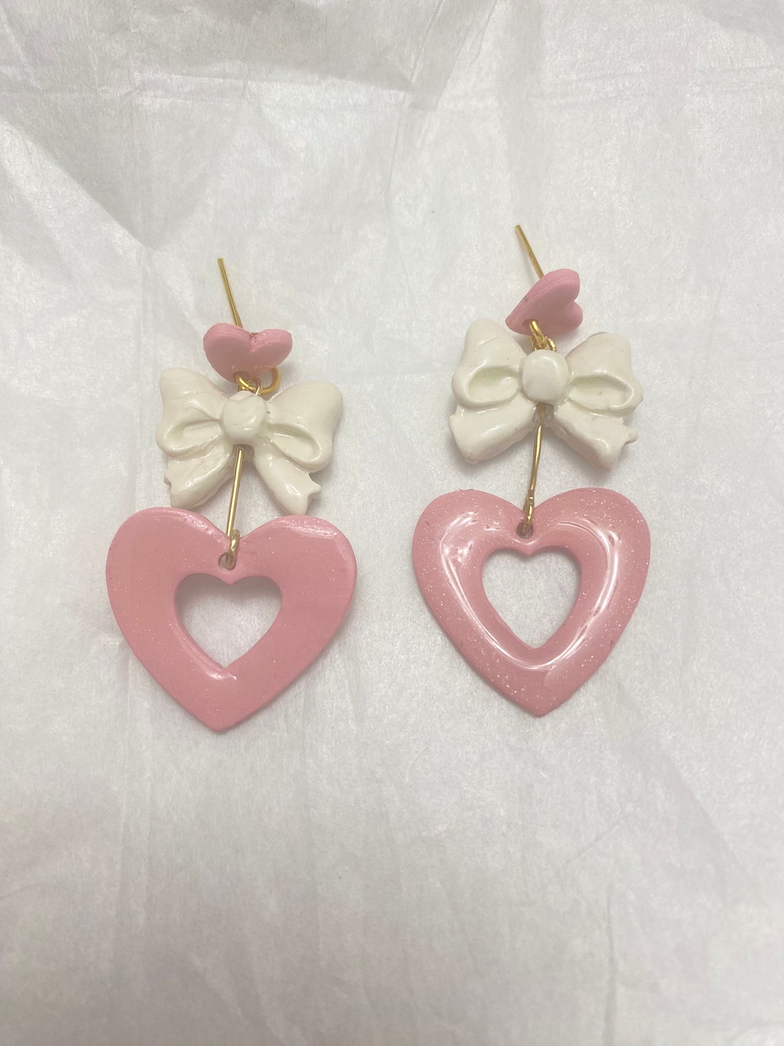Coquette Pink Heart and Bow Stud Dangles Cutesy Core Heart Core Bow ...