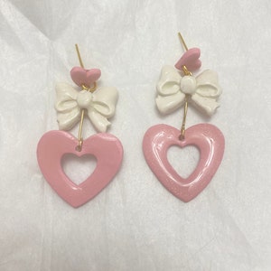 Coquette Pink Heart and Bow Stud Dangles Cutesy Core Heart Core Bow ...
