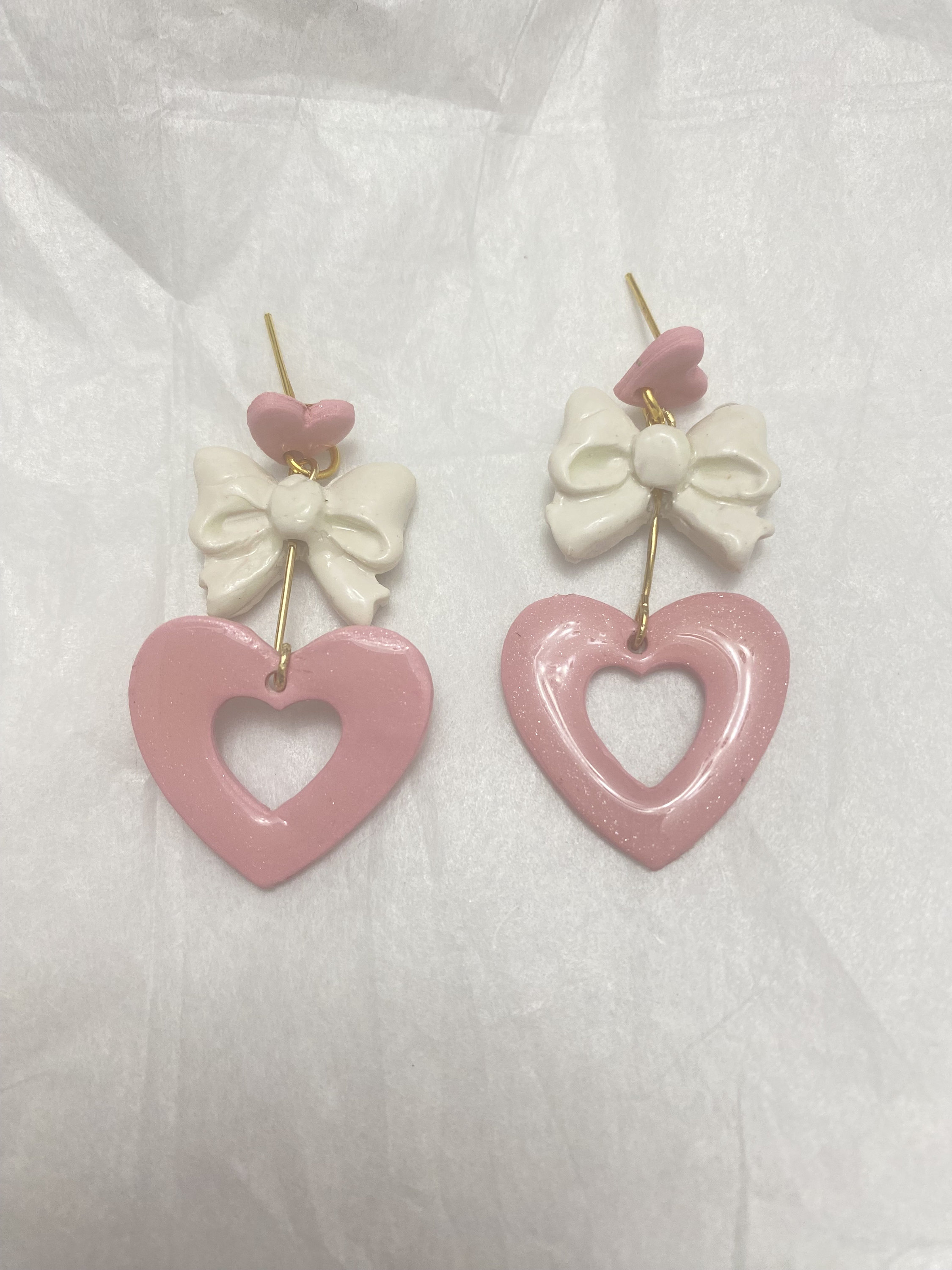 Coquette Pink Heart and Bow Stud Dangles Cutesy Core Heart Core Bow ...