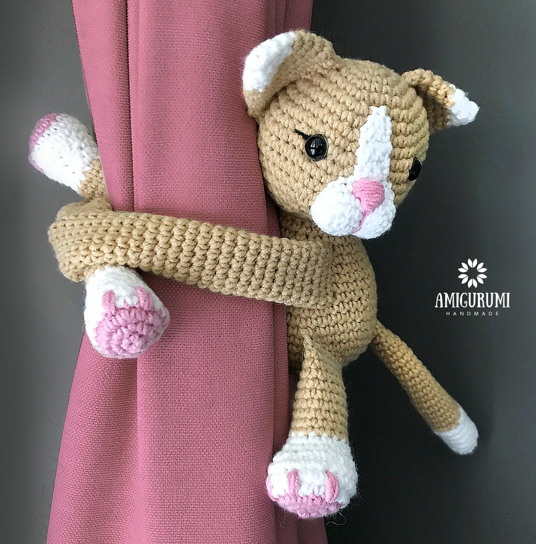 Set of 2 Amigurumi Cat Tiebacks, Kitty Curtains Tiebacks, Handmade ...