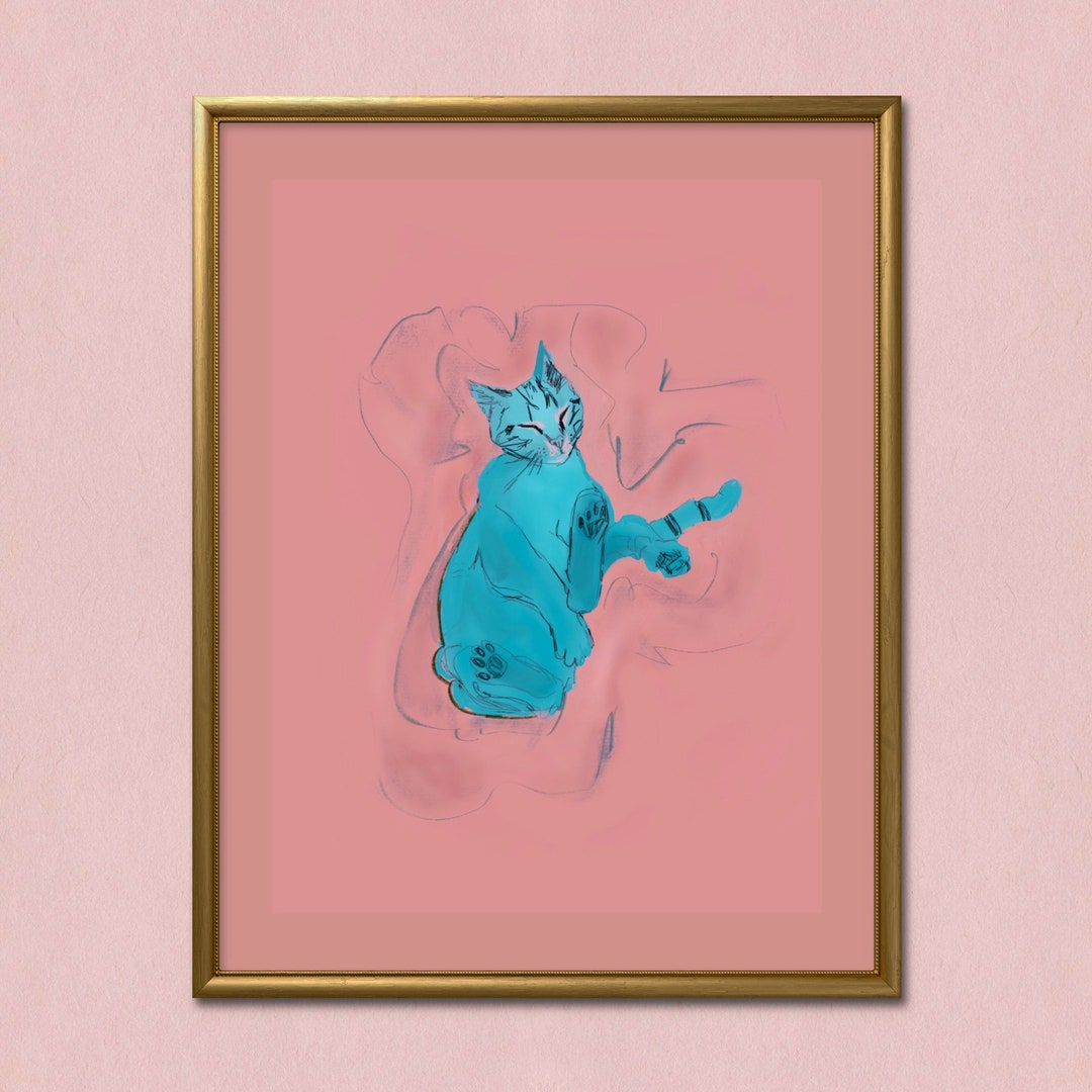 Cozy Cat Nap Art Print: Tabby Cat on Pink Sheets - Etsy