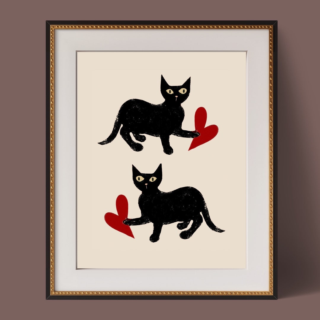 Black Cats Love Art Print | Affectionate Feline Decor | Black Cats With ...