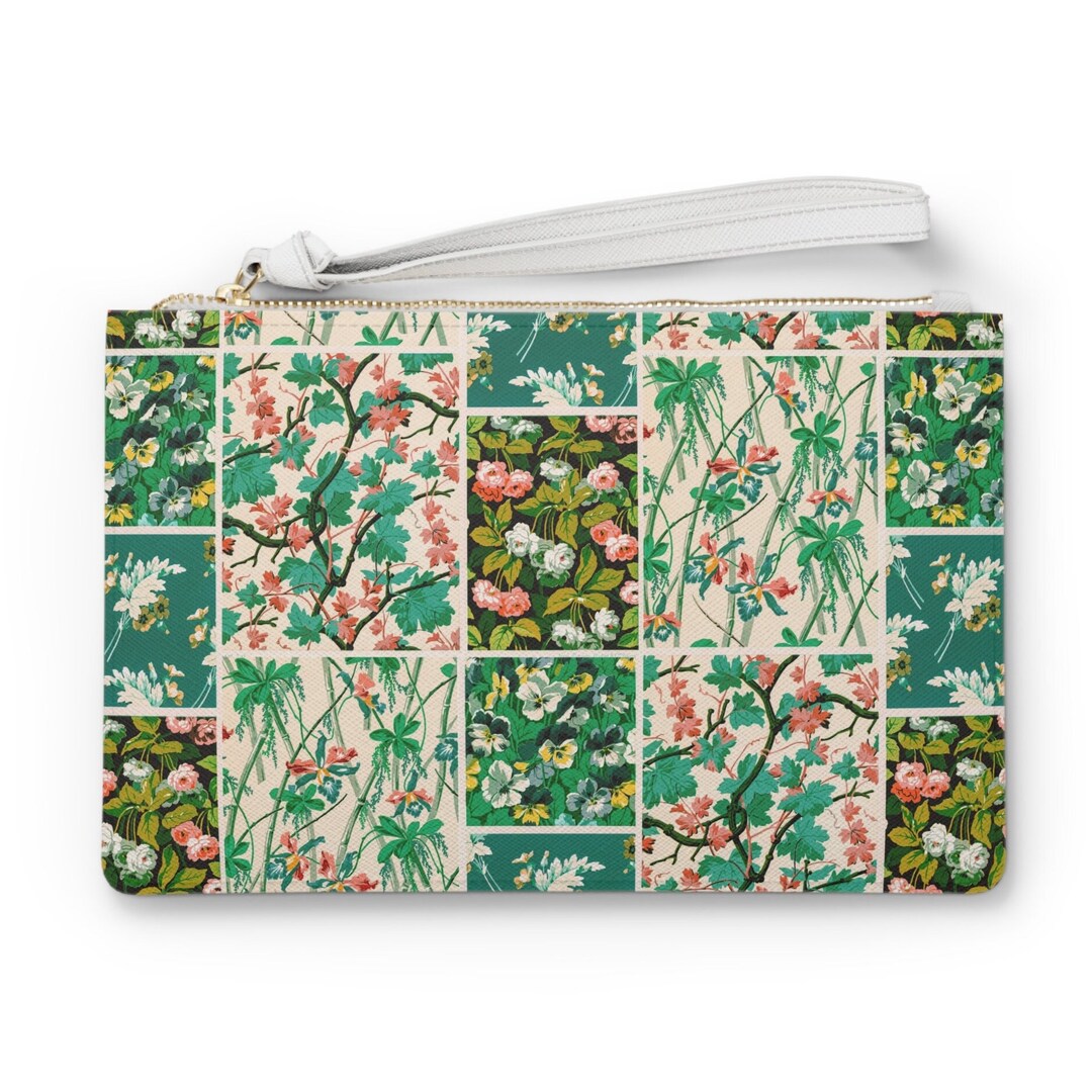 Vintage Floral Wallpaper Faux Leather Clutch Bag Retro Wristlet Plant ...