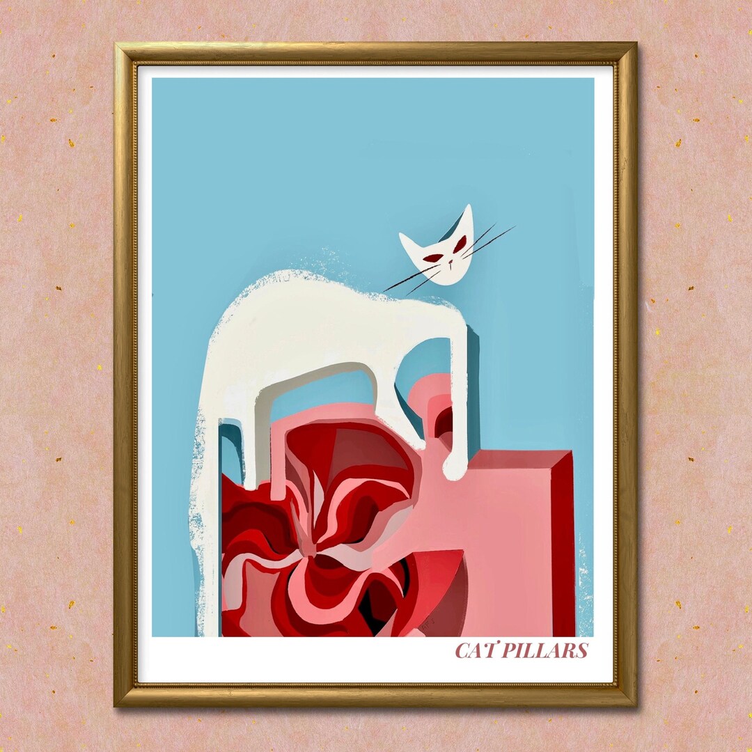 Cat Pillars Print: Retro MCM Architecture, White Cat Art - Etsy