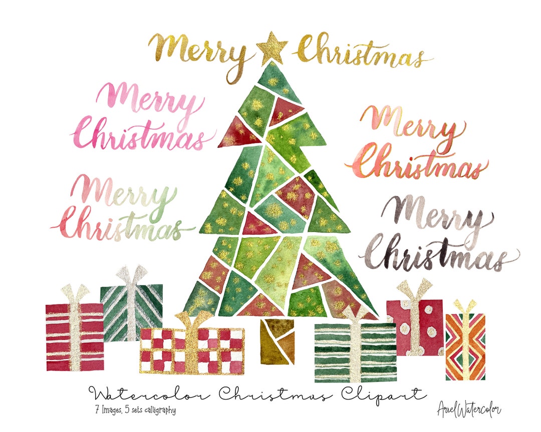 Christmas Clipart Set, Christmas Tree, Presents, Merry Christmas ...
