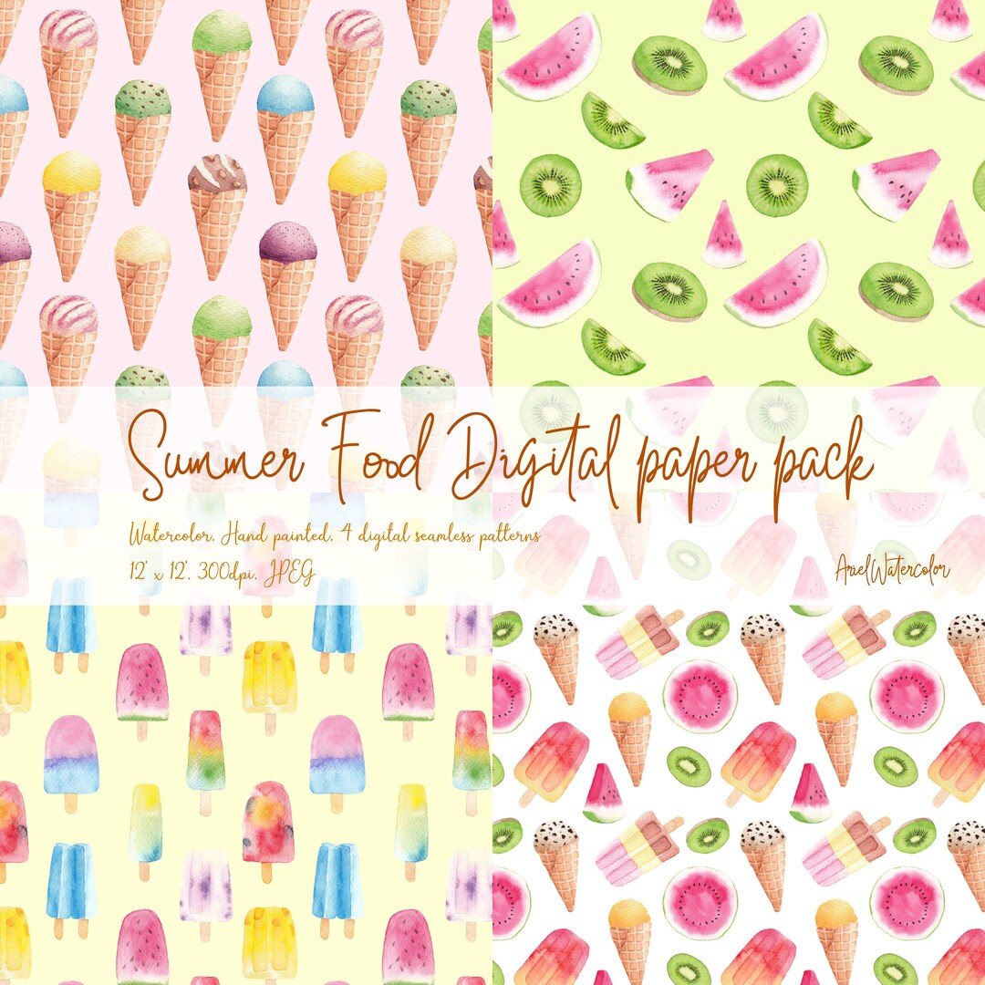 Watercolor Summer Food Seamless Pattern, Fruits, Ice Cream, Popsicles ...