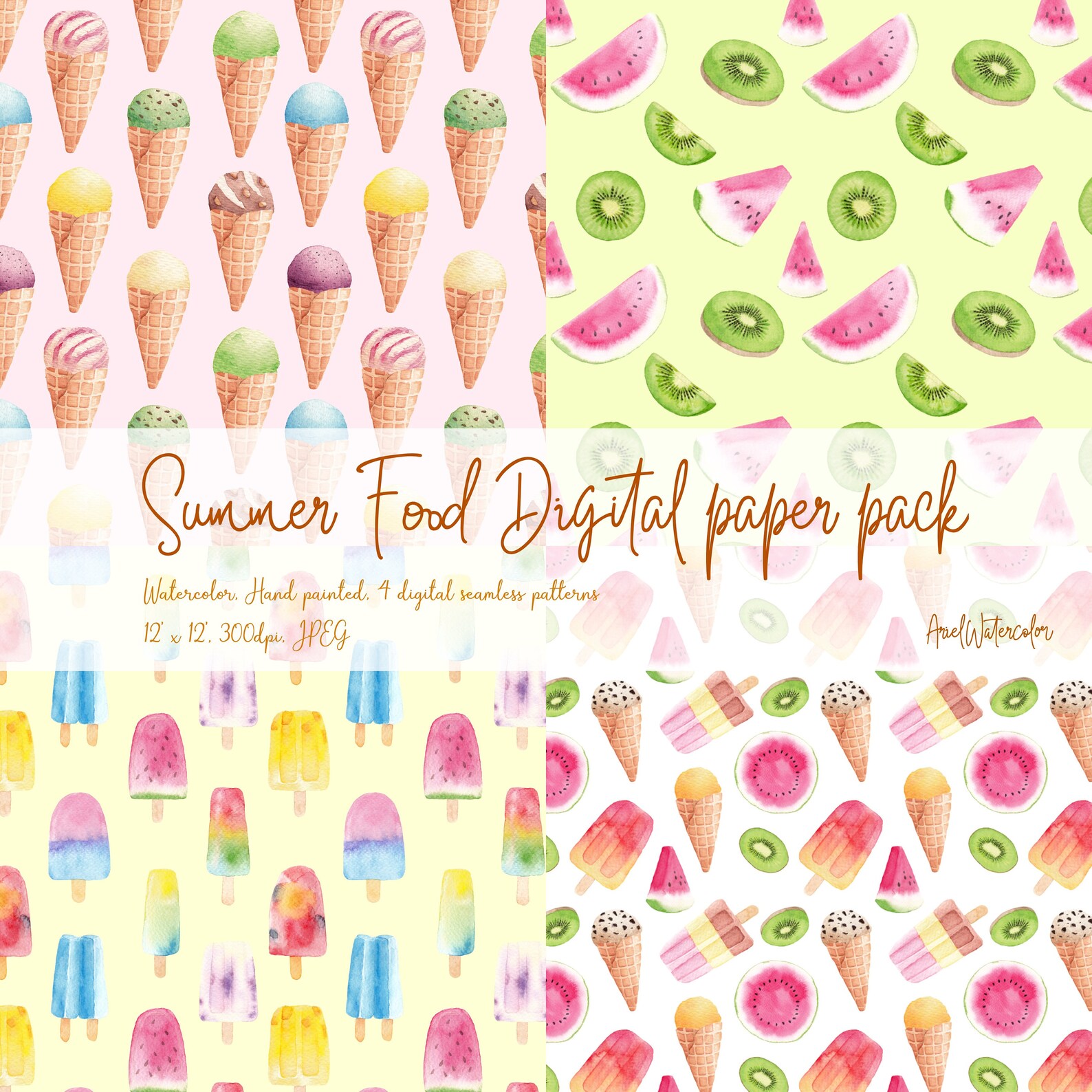 Watercolor Summer Food Seamless Pattern, Fruits, Ice Cream, Popsicles ...