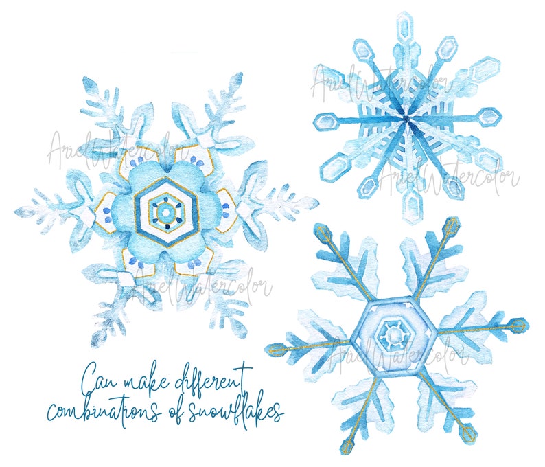 Watercolor Snowflakes Clipart, PNG Files, 600dpi, Hand Painted, Winter ...