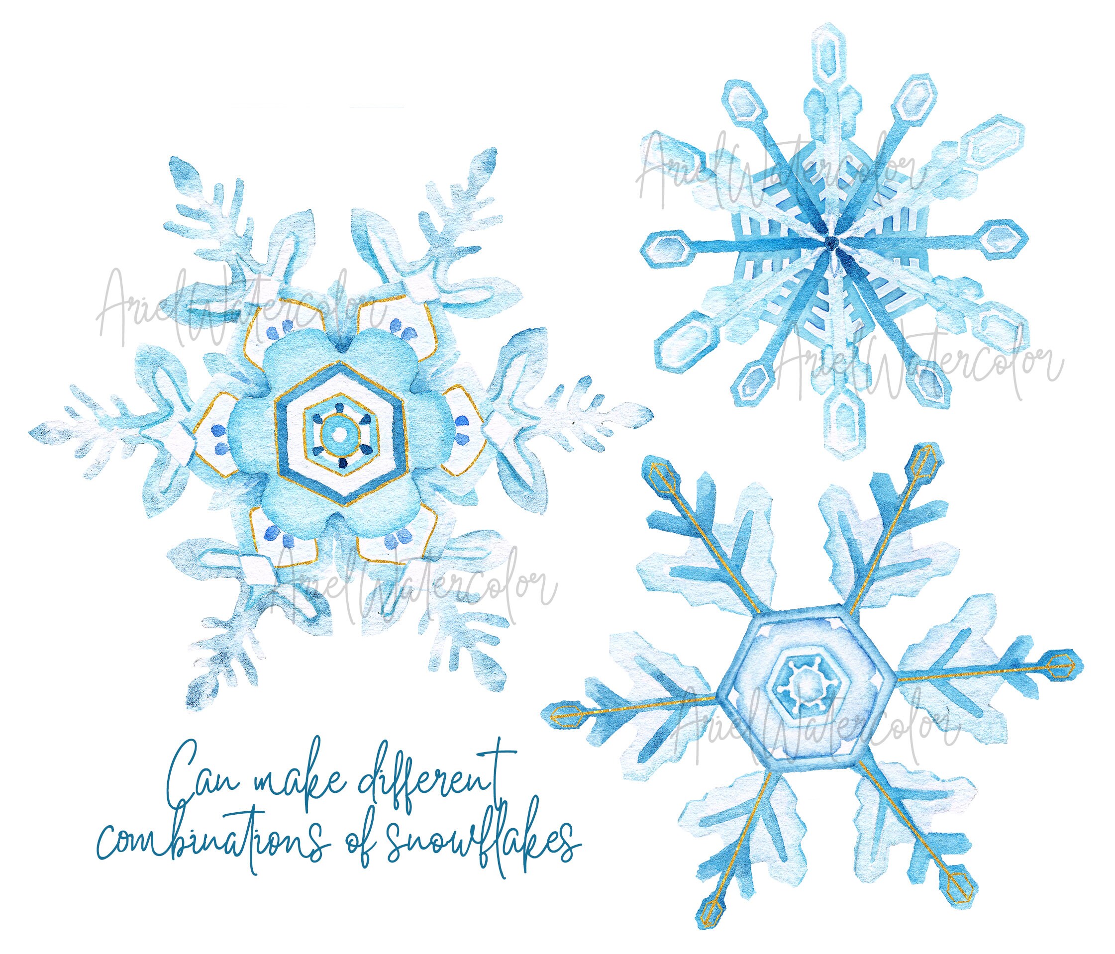 Watercolor Snowflakes Clipart, PNG Files, 600dpi, Hand Painted, Winter ...