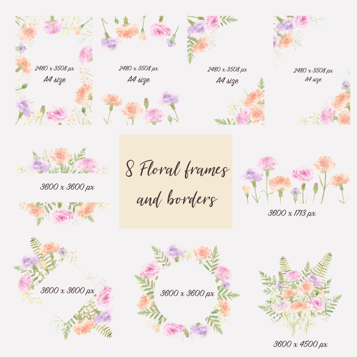 Watercolor Carnation Clipart, Frame, Wreath, Border,mother’s Day Card ...