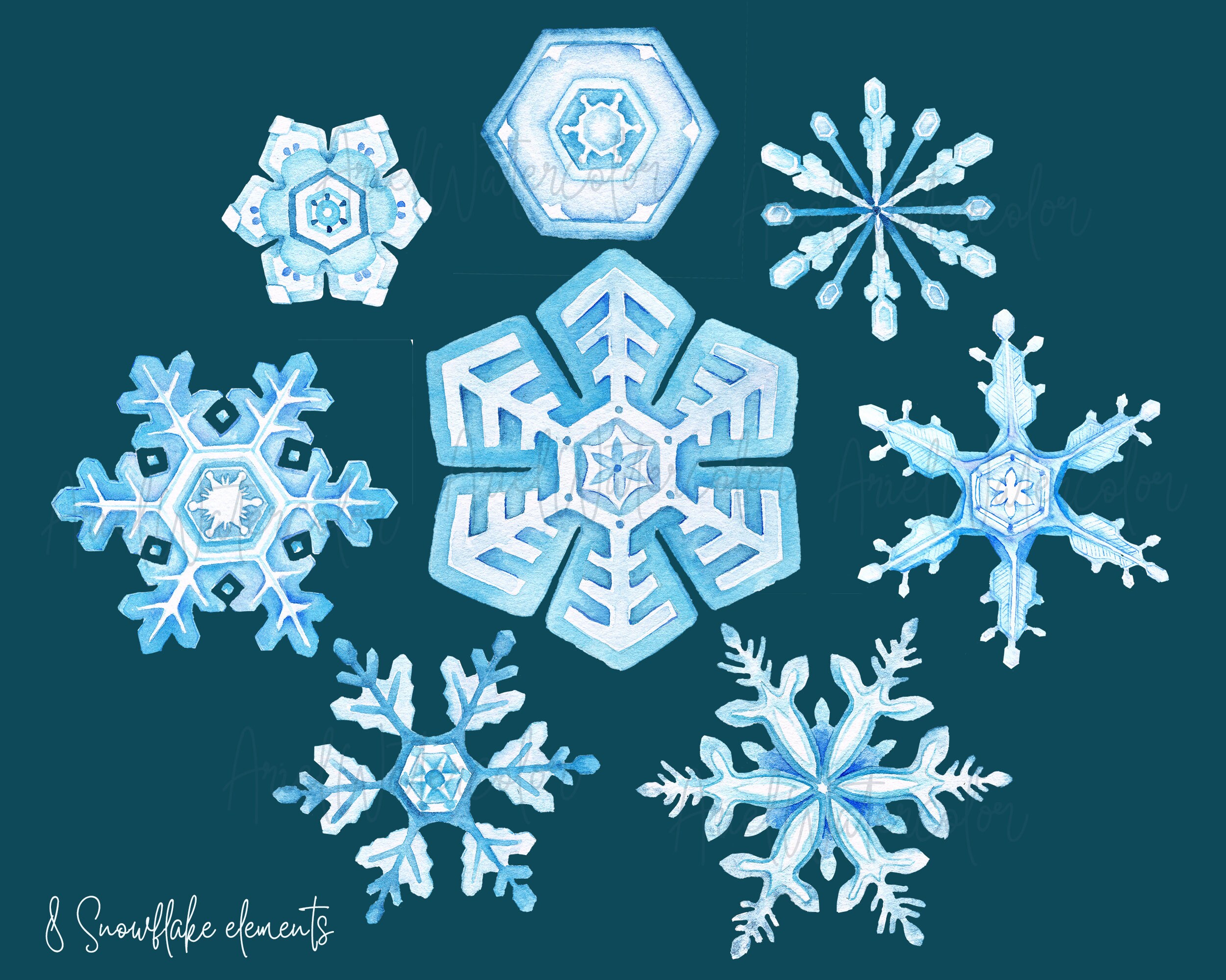 Watercolor Snowflakes Clipart, PNG Files, 600dpi, Hand Painted, Winter ...