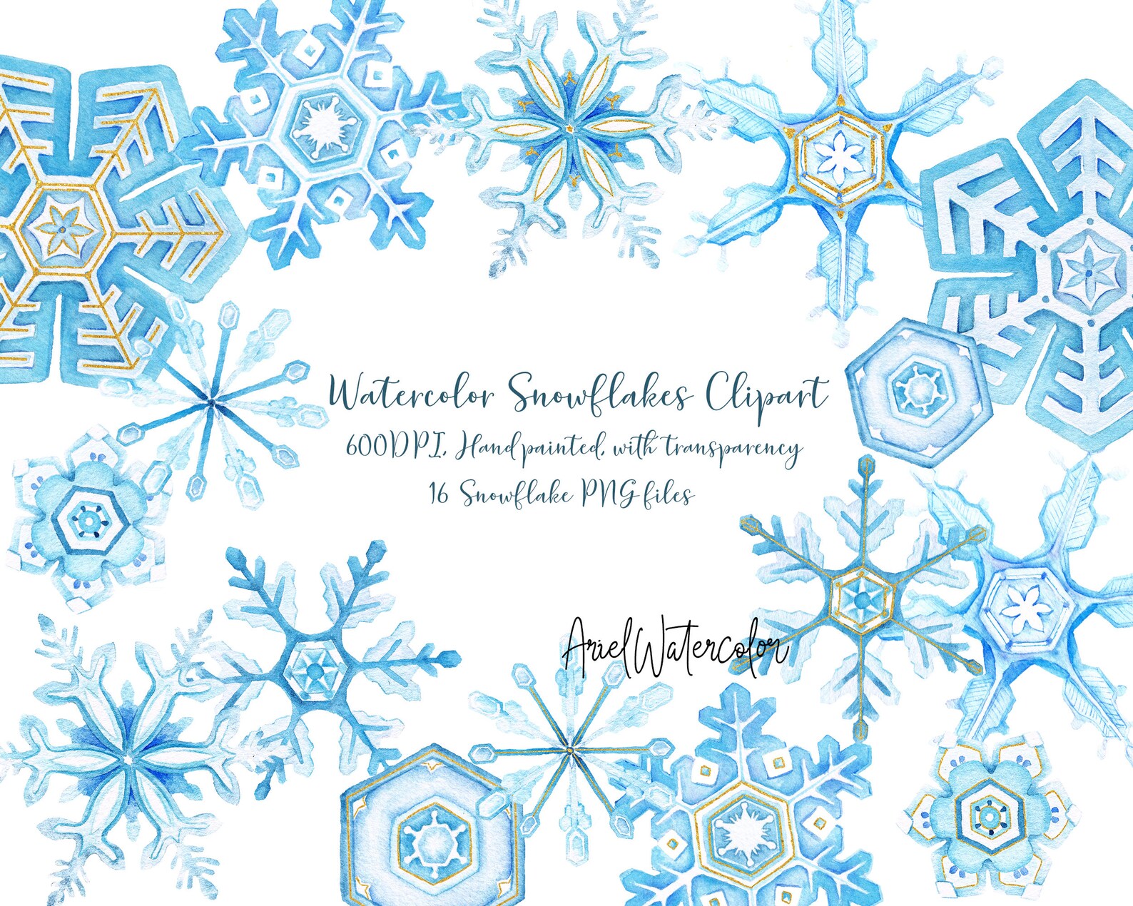 Watercolor Snowflakes Clipart, PNG Files, 600dpi, Hand Painted, Winter ...