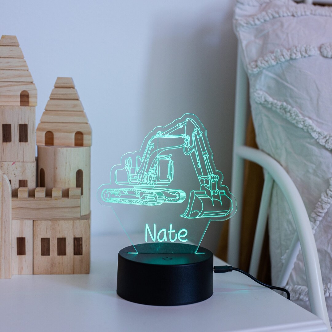 DIGGER NIGHT LIGHT With Custom Name, Nursery Lamp, Custom Baby Gift ...