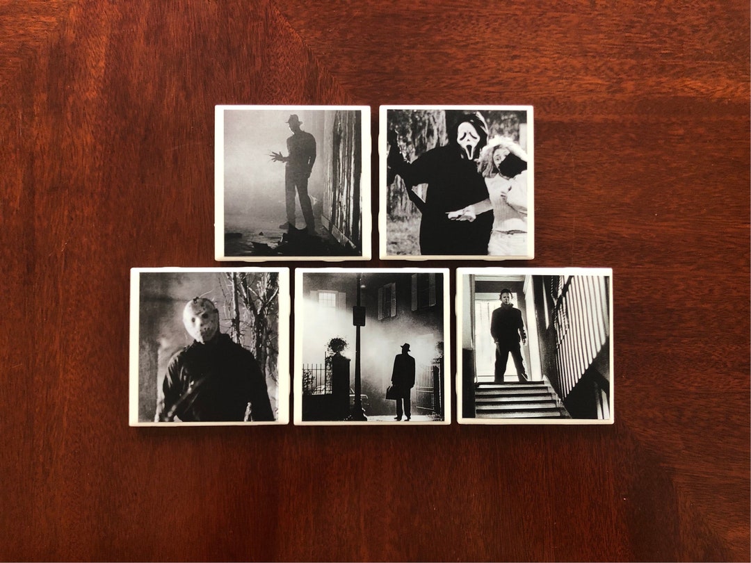 Set of 4 Ceramic Horror Movie Coasters- Black & White-halloween ...