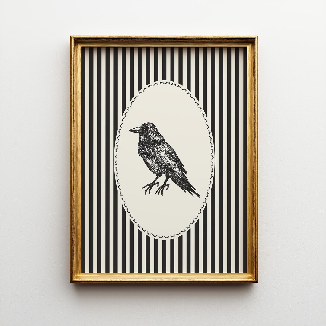 Black and White Crow Art Print | Vintage Stripe Halloween Wall Art ...