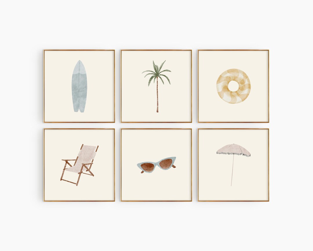 Summer Beach Coastal Gallery Wall Art | Surfboard, Palm Tree, Pool ...