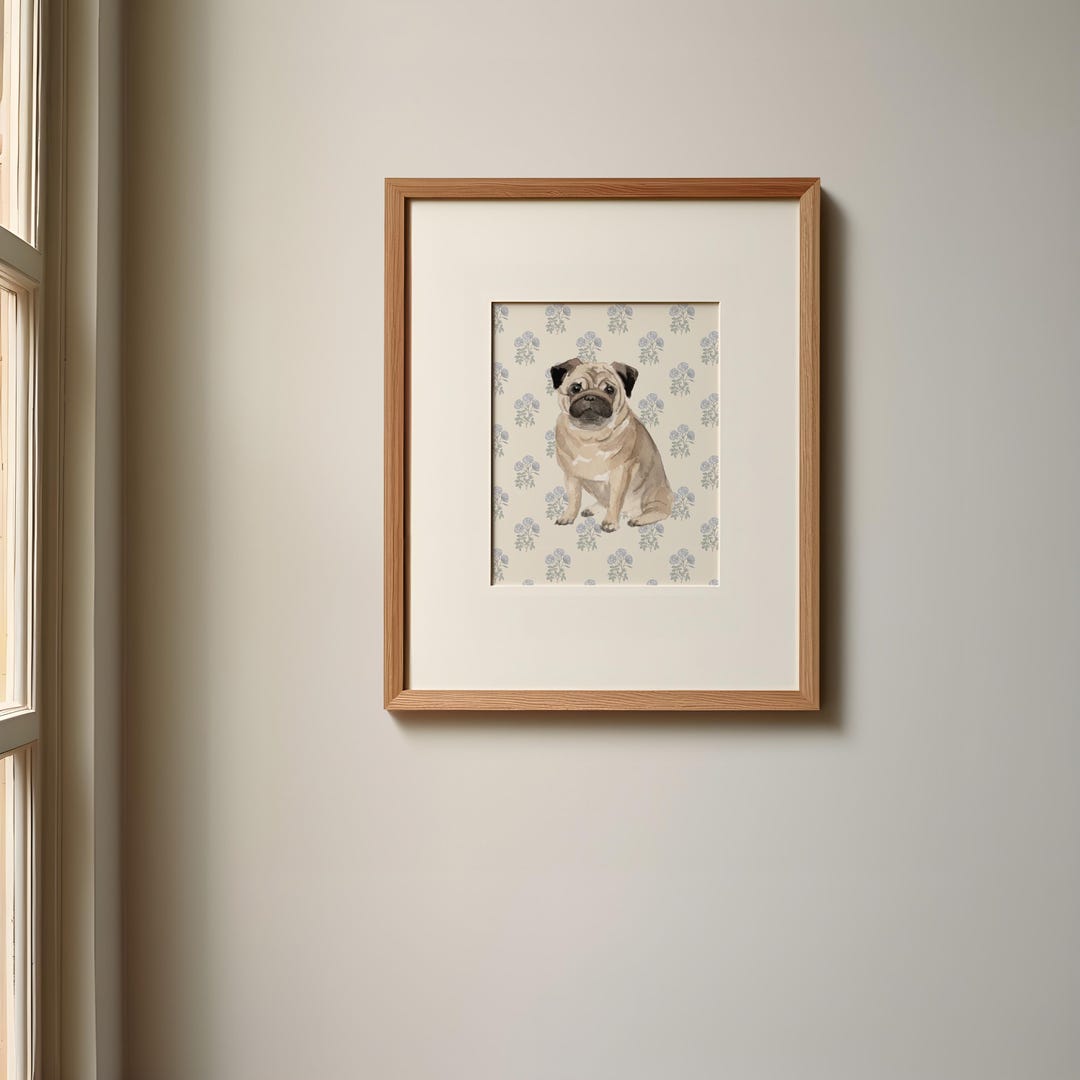 Pug Dog Art Print With Blue Floral Wallpaper | Anthropologie + Studio ...