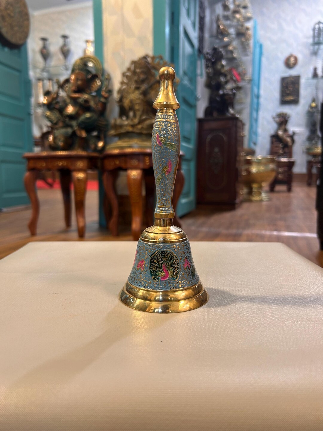 Blue Handcrafted Brass Pooja Bell With Floral Meenakari – Hindu Temple ...