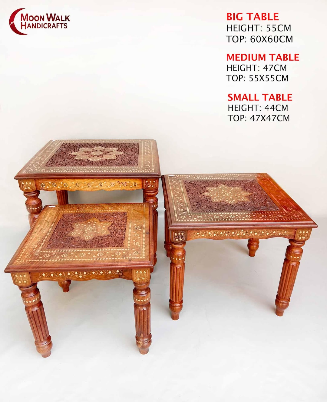 Set of 3,vintage Wooden Nesting Tables Set, Handmade Floral Carving ...