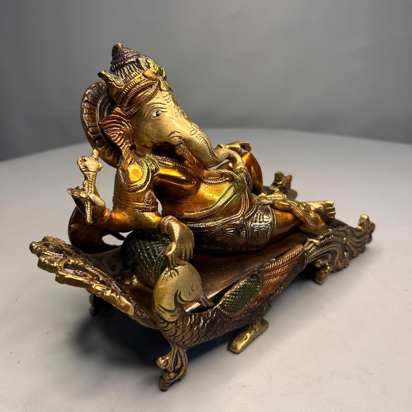 Handcrafted Gold Brass Ganesha Idol, Reclining Ganpati Statue, Hindu ...