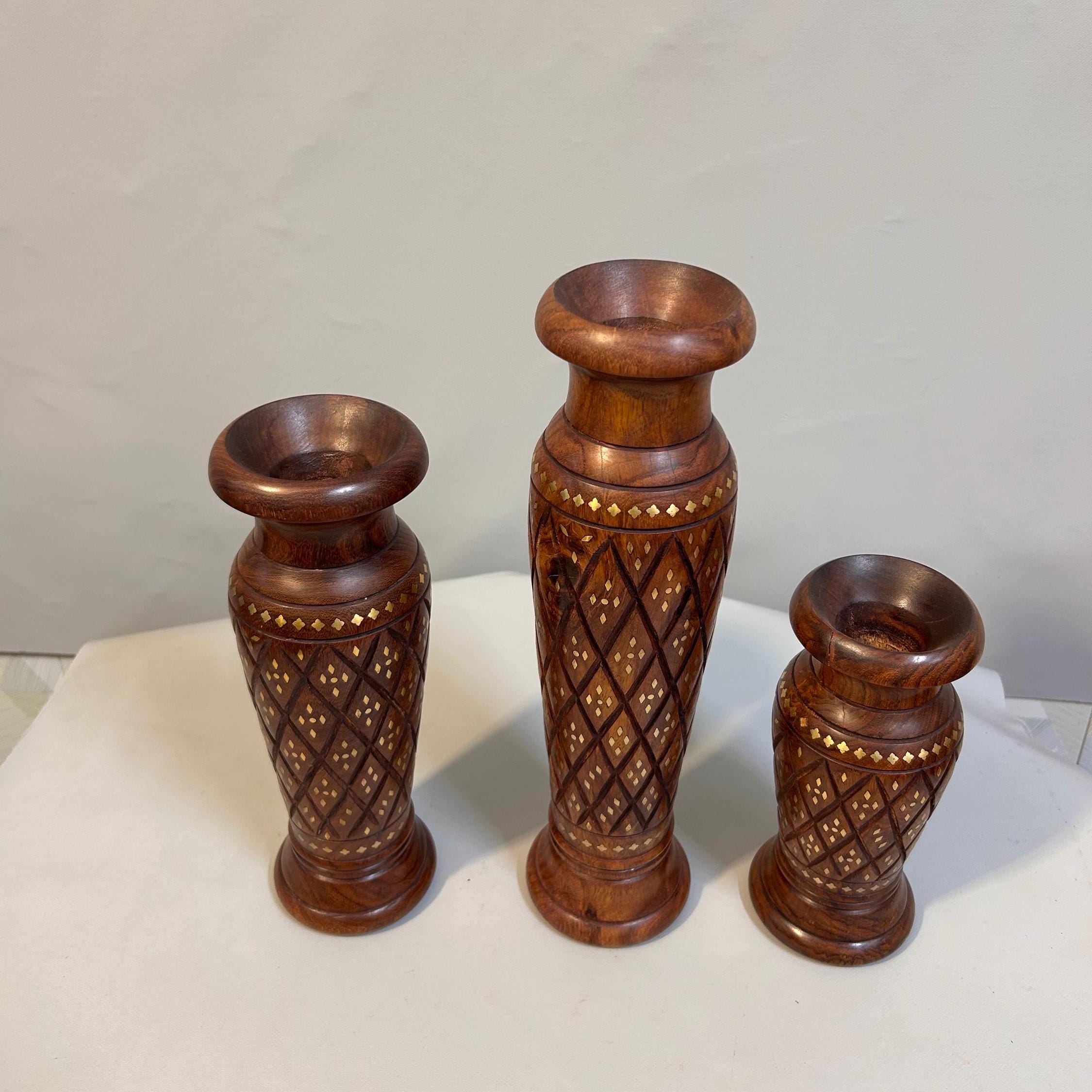 Handcrafted Wooden Vase Set With Brass Inlay, Decorative Carved Flower ...