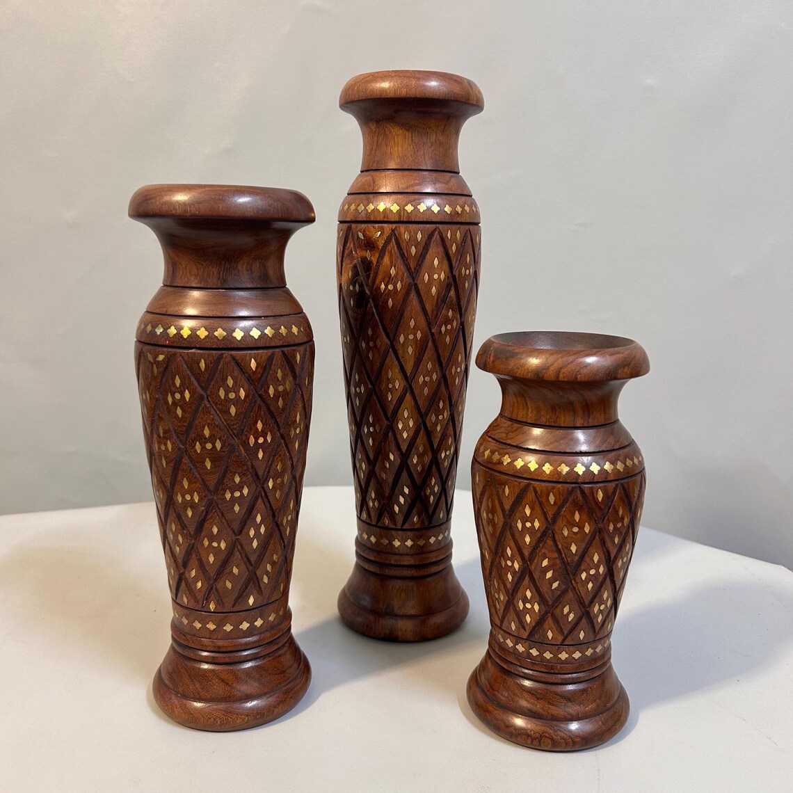 Handcrafted Wooden Vase Set With Brass Inlay, Decorative Carved Flower ...