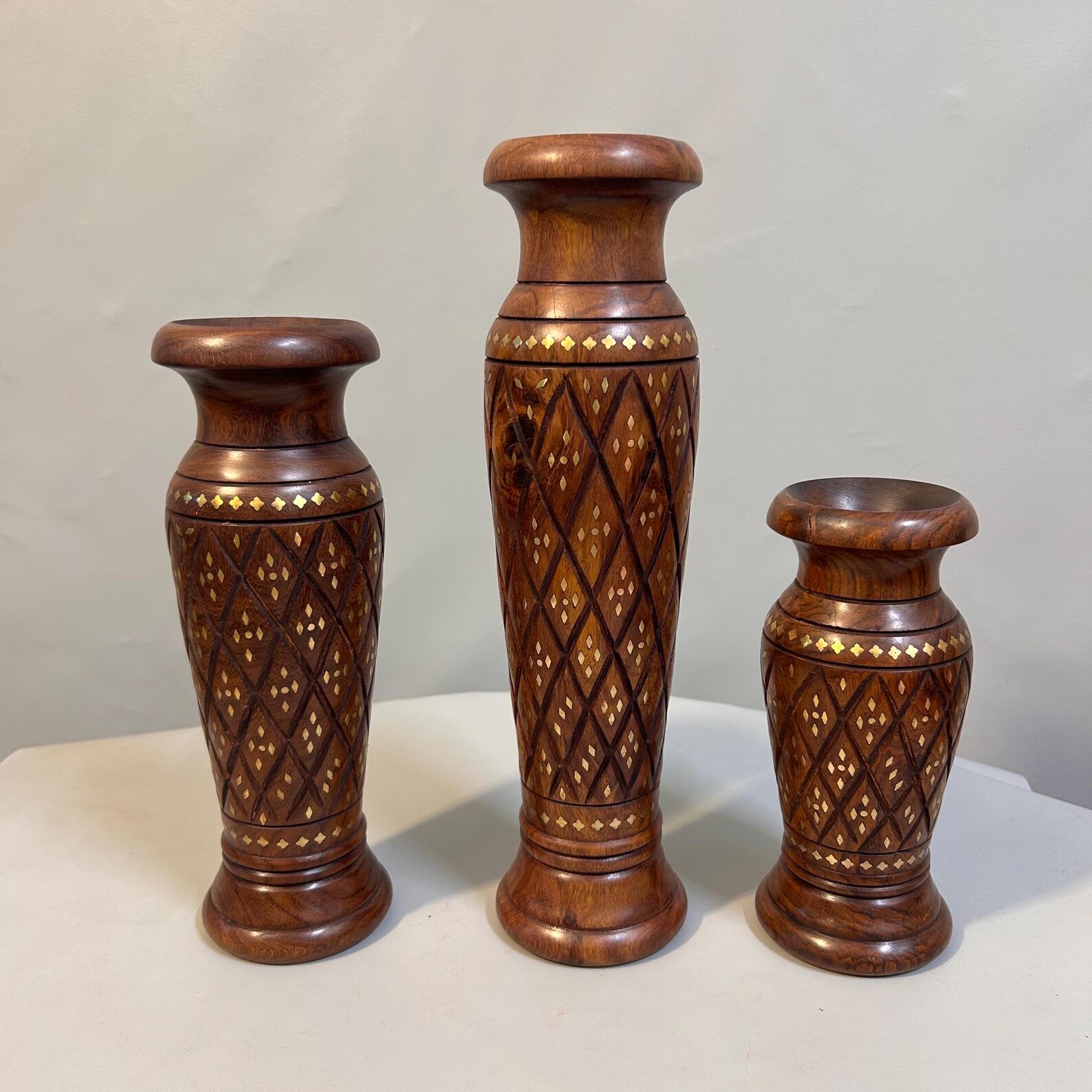 Handcrafted Wooden Vase Set With Brass Inlay, Decorative Carved Flower ...