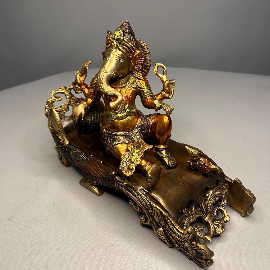 Handcrafted Gold Brass Ganesha Idol, Reclining Ganpati Statue, Hindu ...