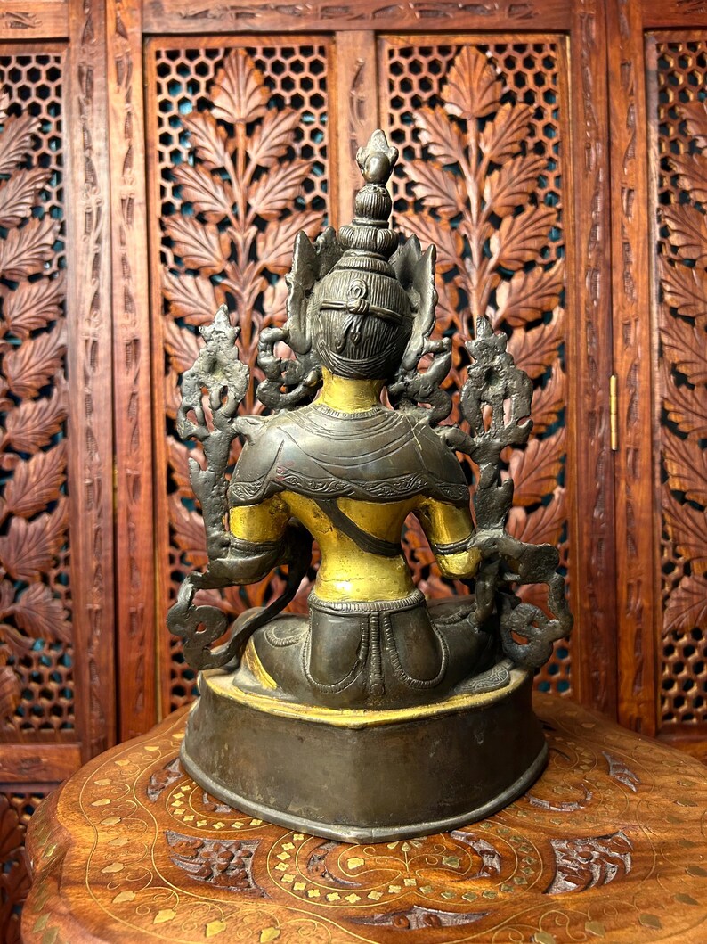 Elegant Seated Tara Bronze Statue With Lotus Flowers and Gold Detailing ...
