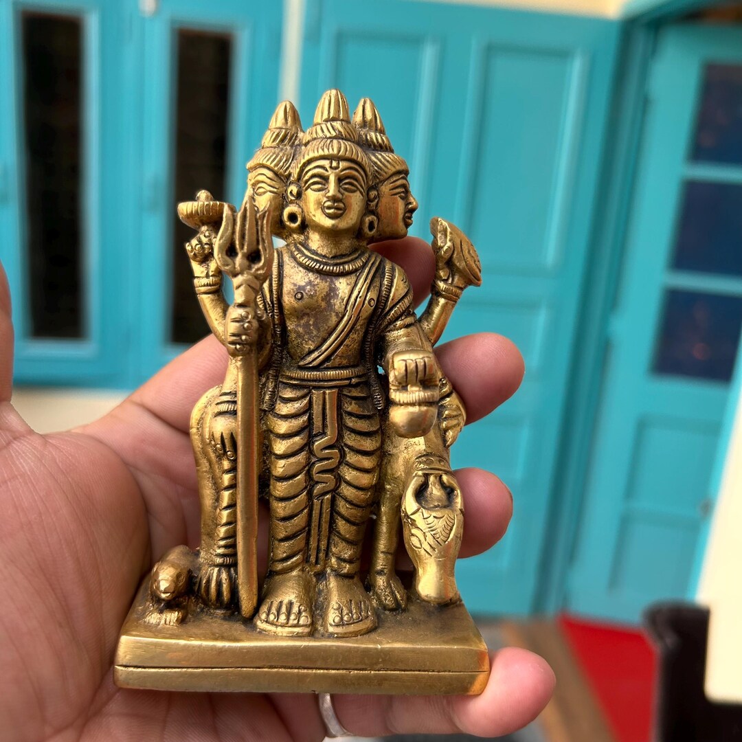 Brass Lord Dattatreya Idol | Three-faced Hindu Deity Figurine ...