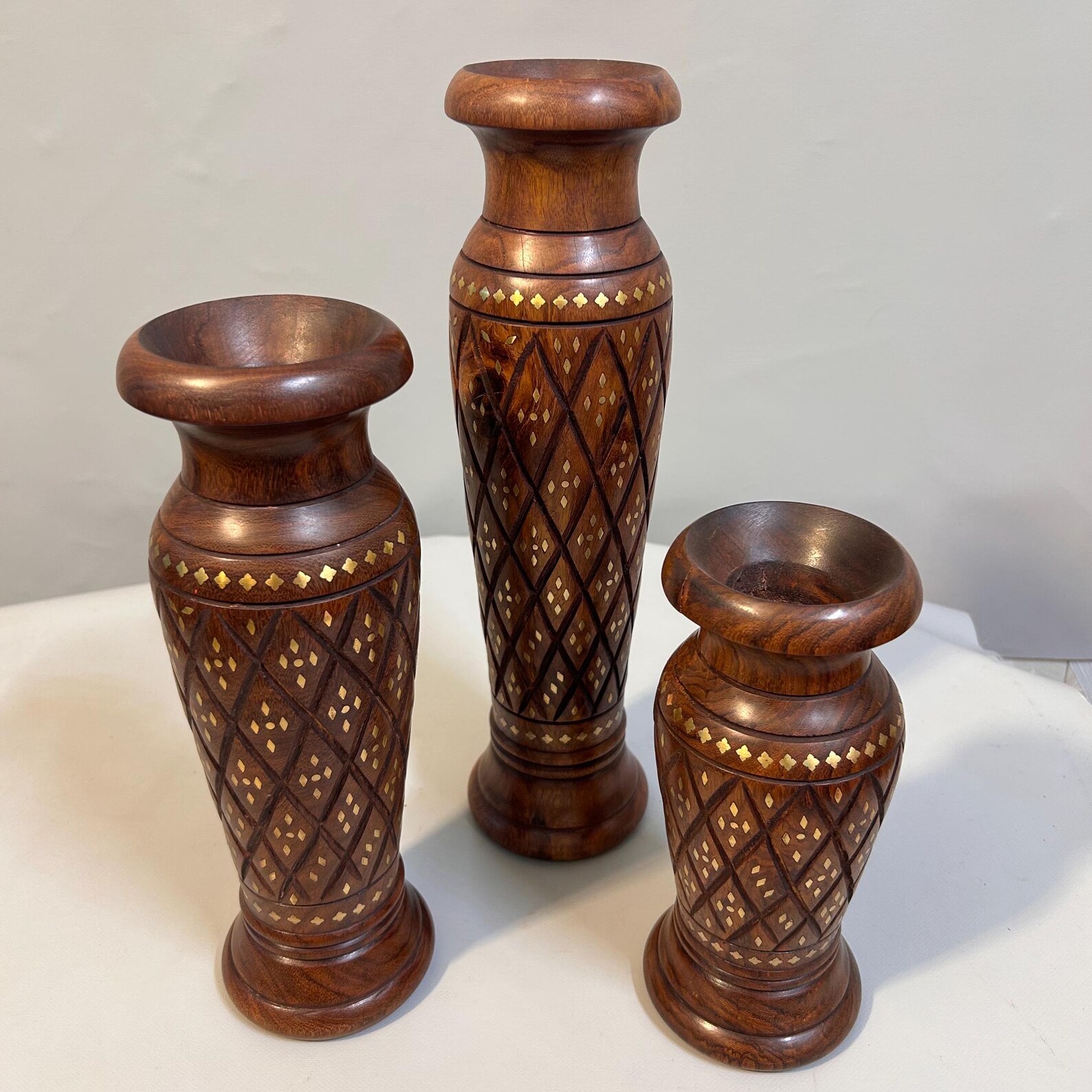Handcrafted Wooden Vase Set With Brass Inlay, Decorative Carved Flower ...
