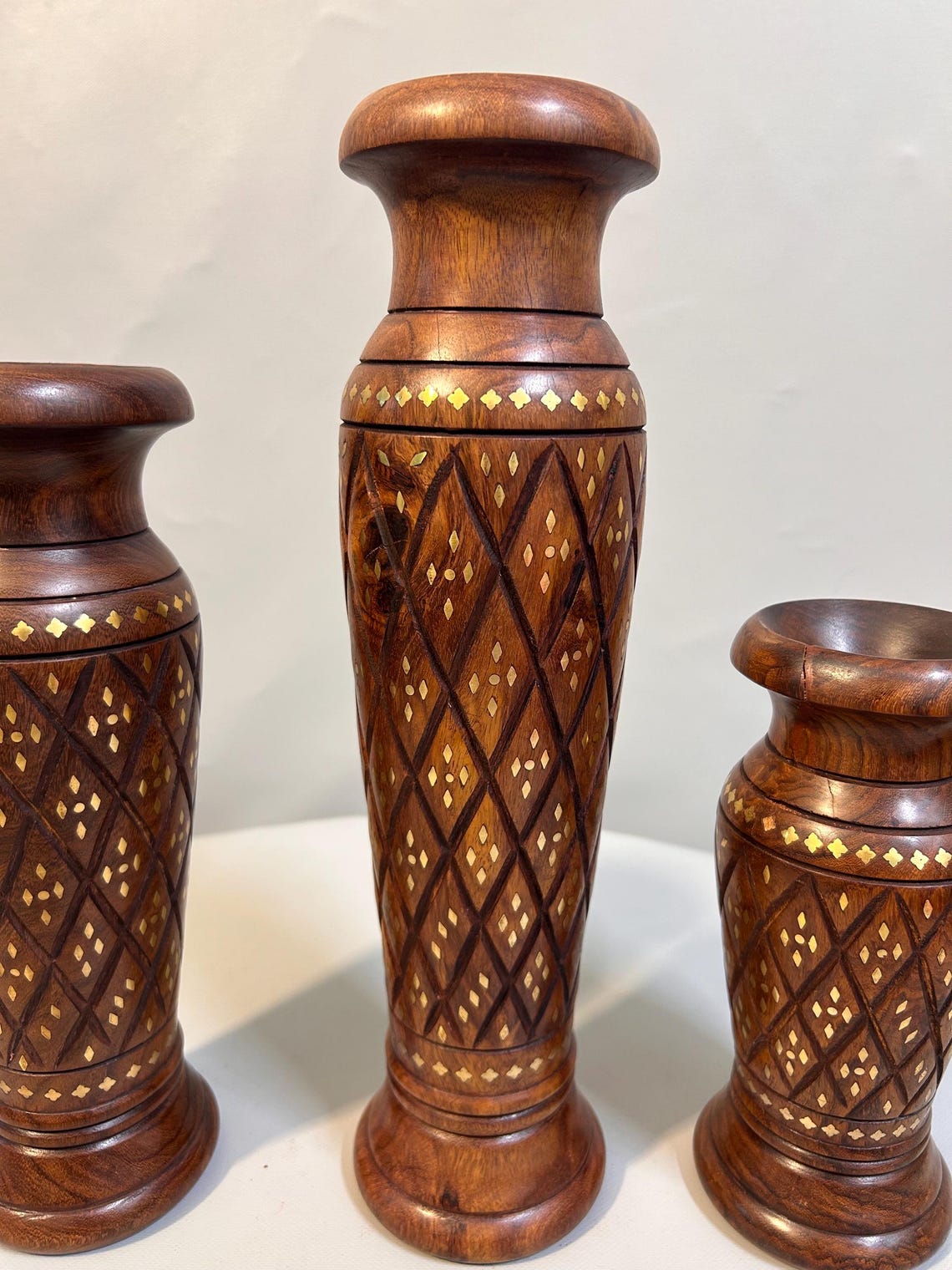 Handcrafted Wooden Vase Set With Brass Inlay, Decorative Carved Flower ...