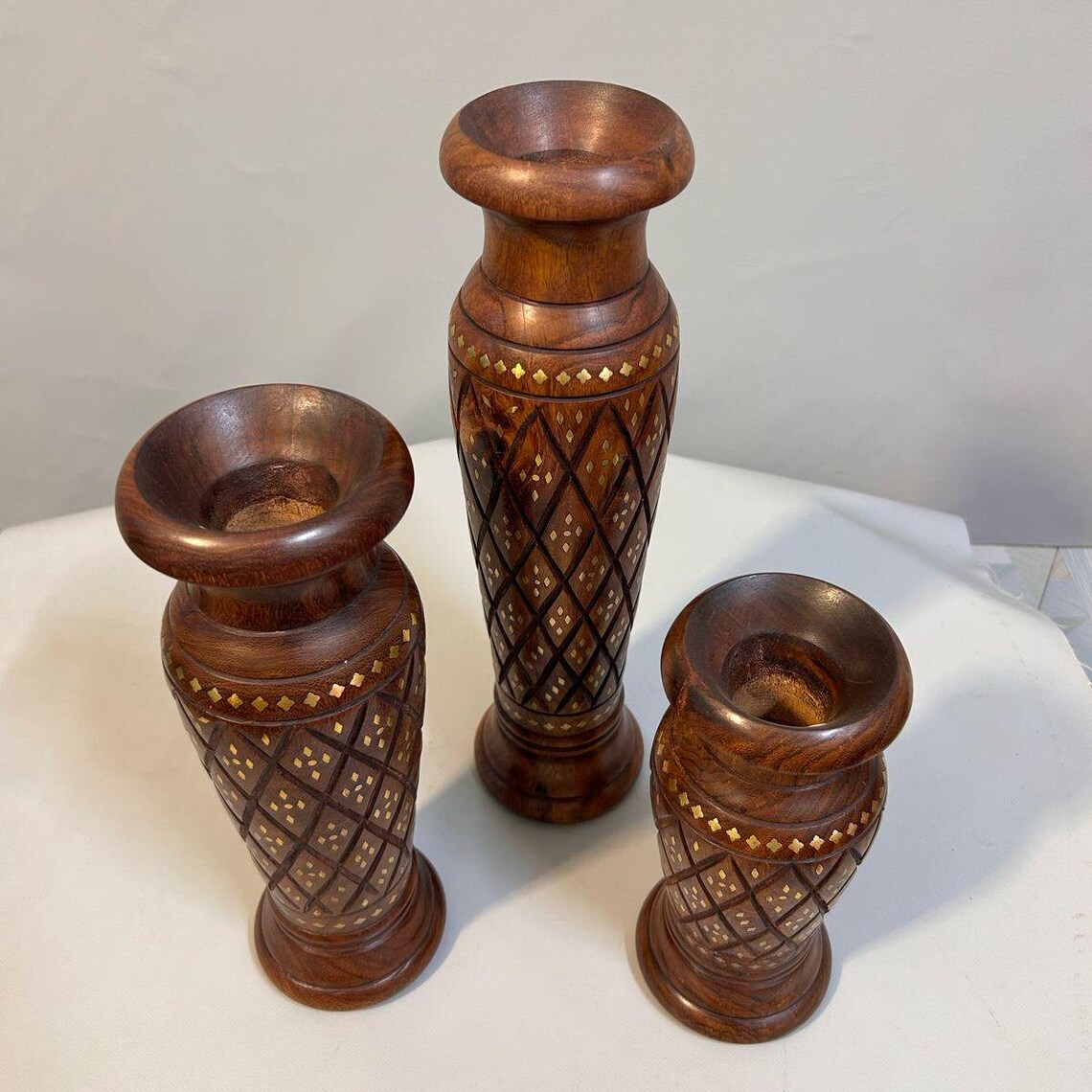 Handcrafted Wooden Vase Set With Brass Inlay, Decorative Carved Flower ...