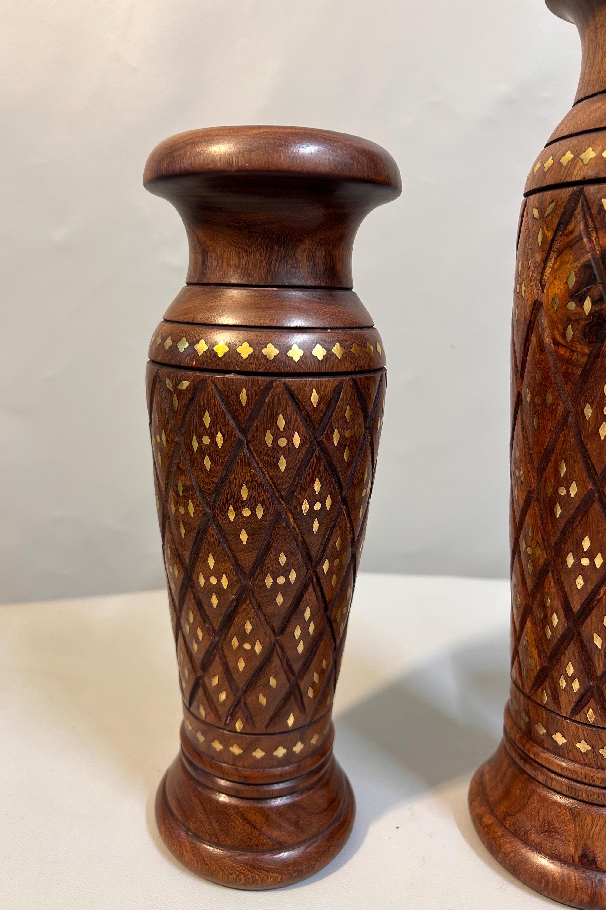Handcrafted Wooden Vase Set With Brass Inlay, Decorative Carved Flower ...
