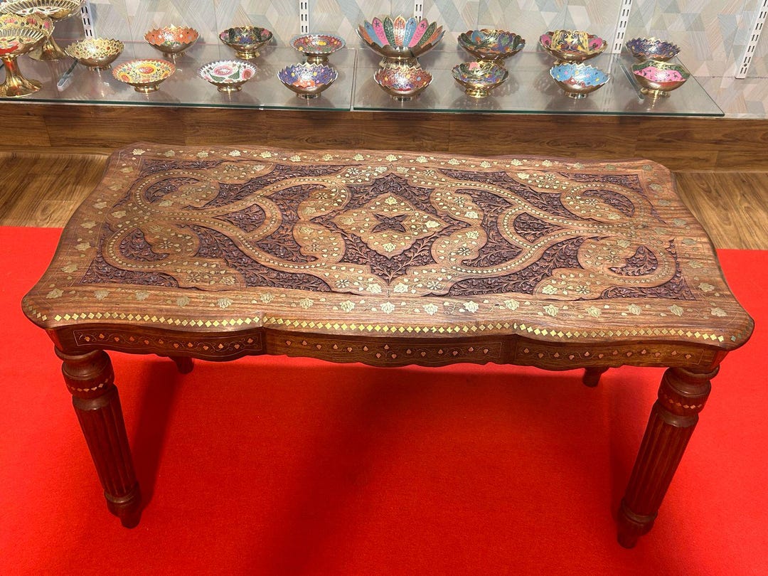 Handcrafted Sheesham Rosewood Table With Ornate Brass Inlay and Hammer ...