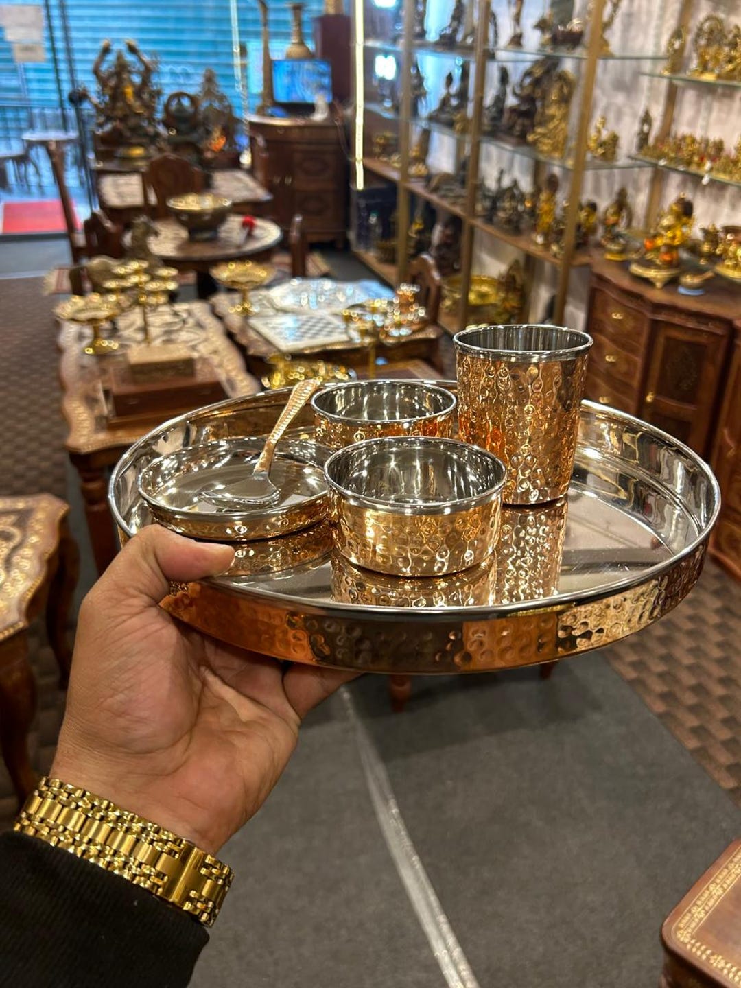 Hammered Copper & Steel Thali Set | Handmade 5-piece Indian Dinner Set ...