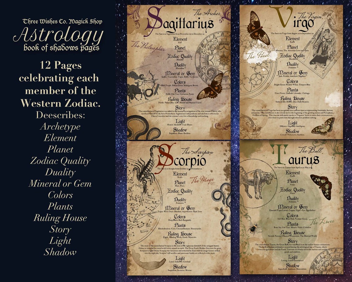 Astrology Book of Shadows Pages Western Zodiac Scrapbook - Etsy