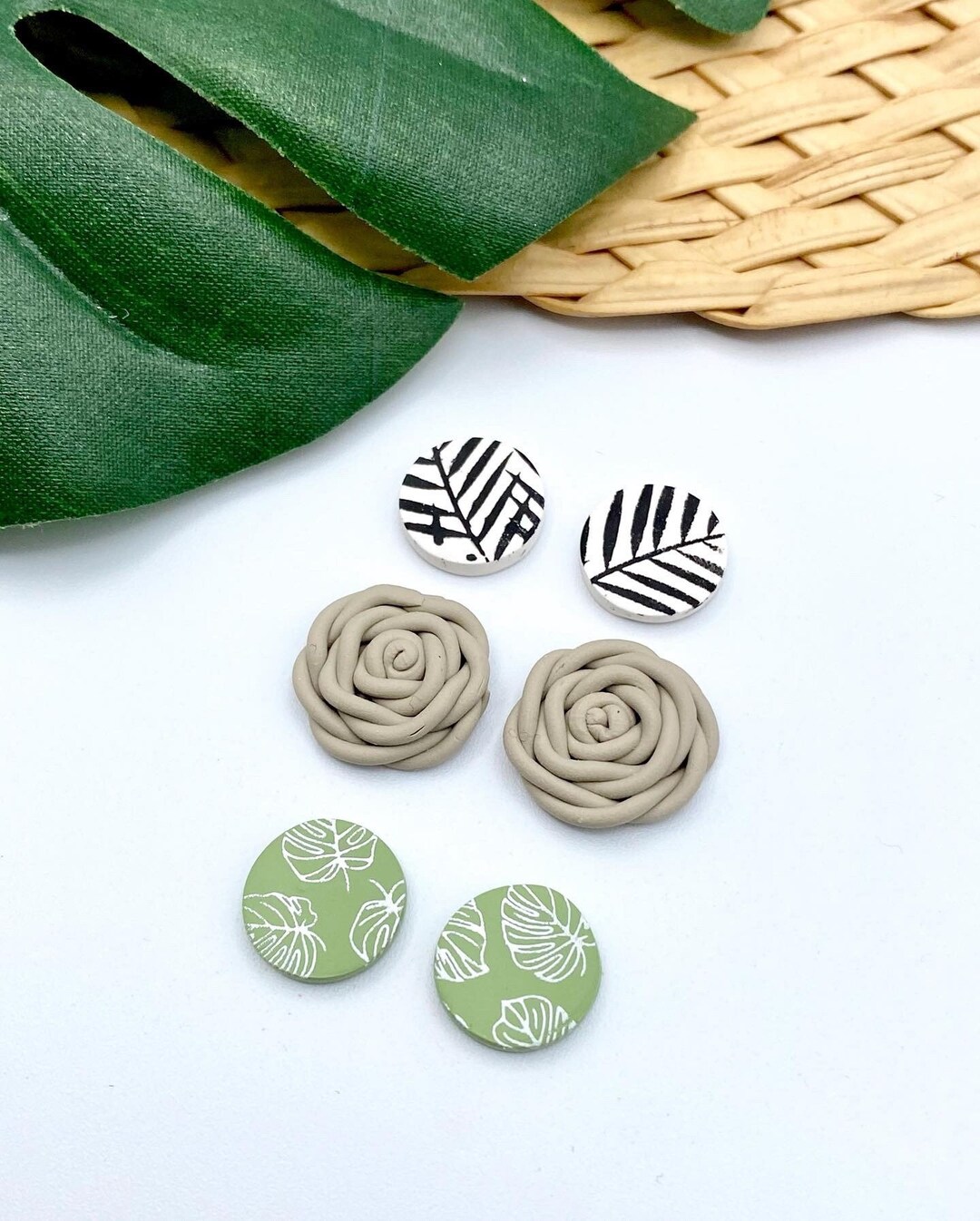 Lolana Clay Rattan Black and White Tropical Boho Clay Earring Stud Set ...