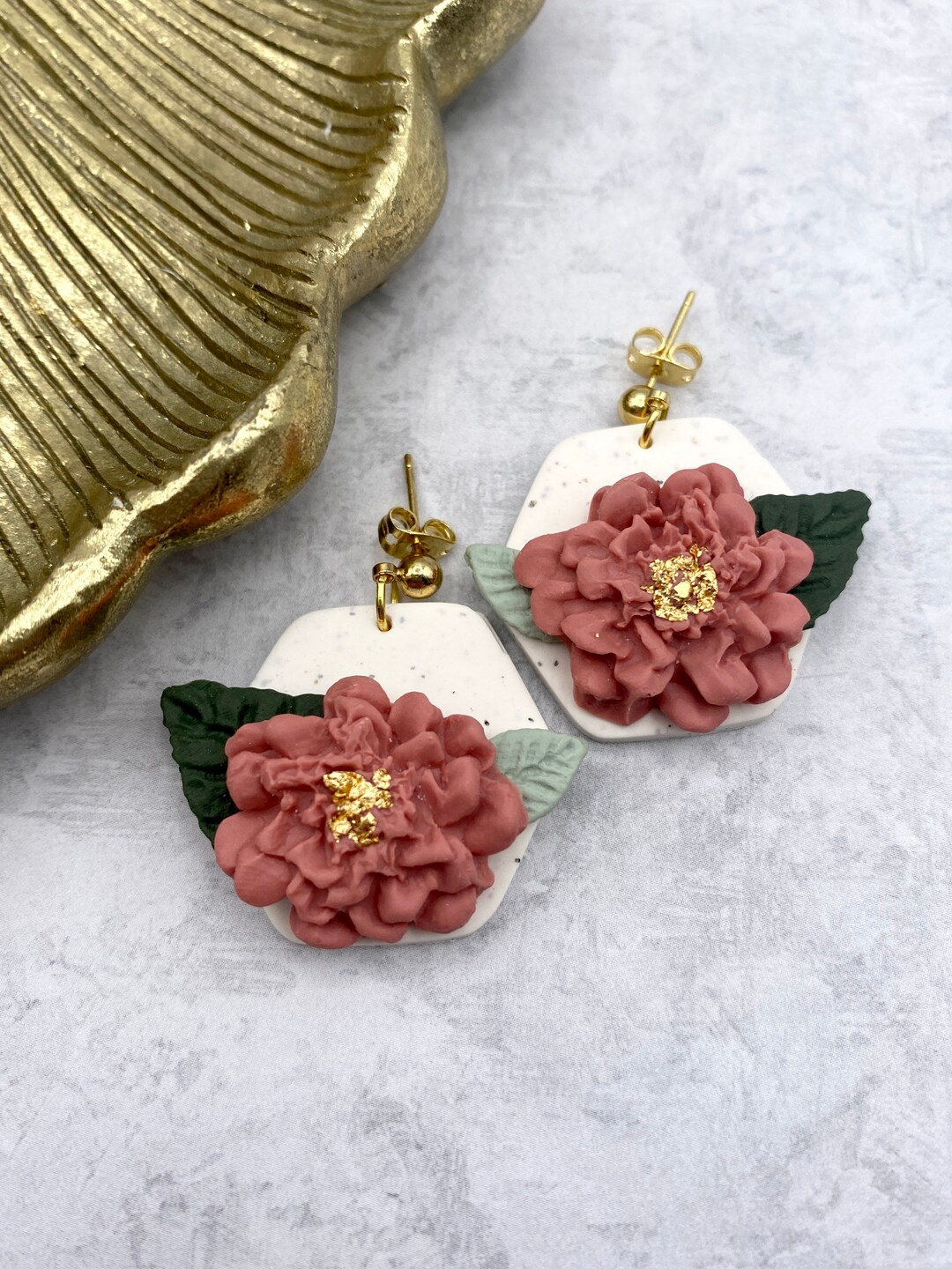 Winnie Pink Floral Hexagon Shaped Spring Clay Earrings, Spring Clay ...