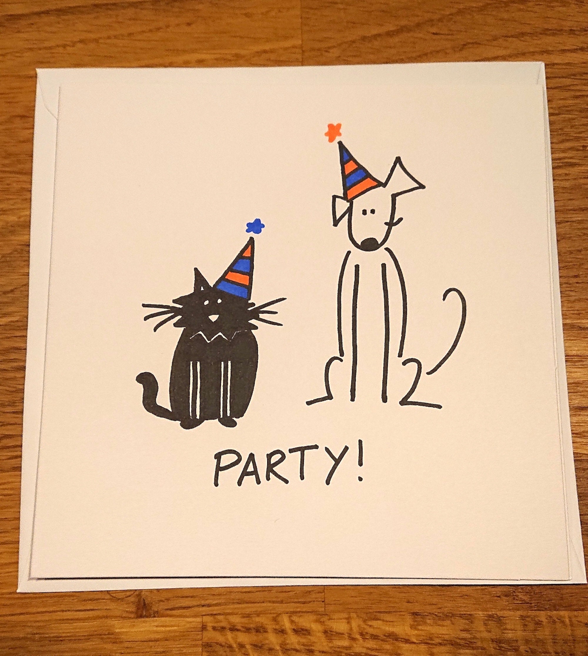 Hand Drawn Funny Cat Stick Dog Birthday Card - Etsy