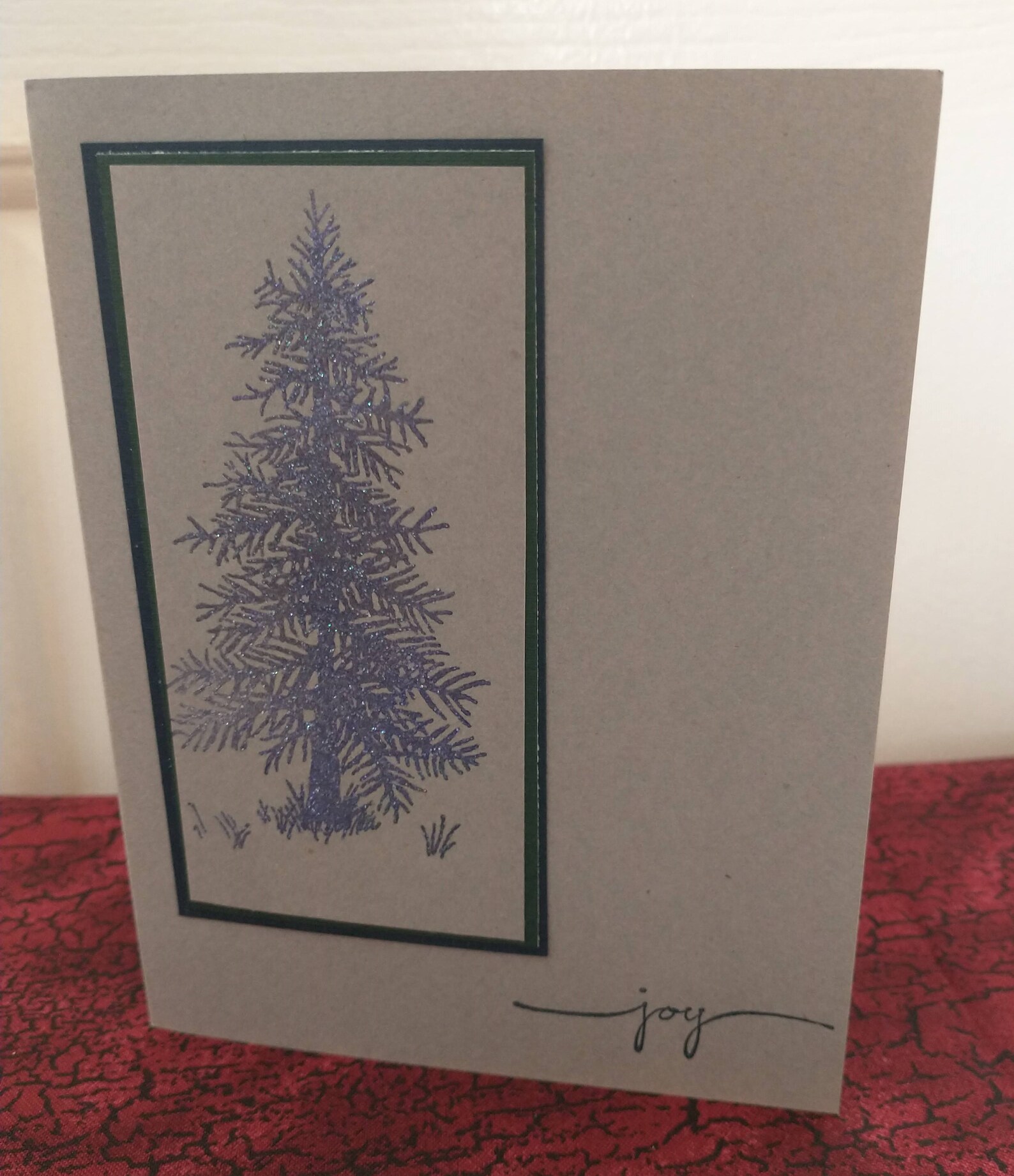 Hand Stamped Christmas Cards, Tall Pine Tree, Blue and Green, Sparkle ...